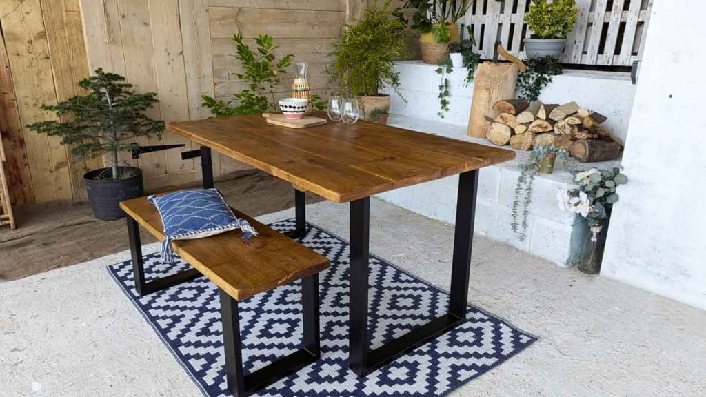 Outdoor Garden Table and Benches - Square Frame | Reclaimed Wood Patio ...